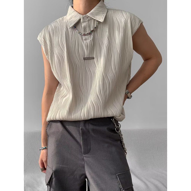 Jinbukang Niche Design Lapel Button Metal Vest Men's Pleated Wavy ...