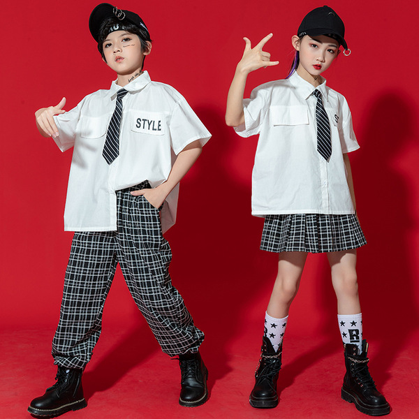 boy girls white plaid street jazz dance rapper singer dance outfits for ...