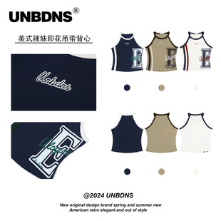 UNBDNS 美式复古印花拼色背心女夏季甜辣妹设计感修身圆领短上衣-阿里巴巴