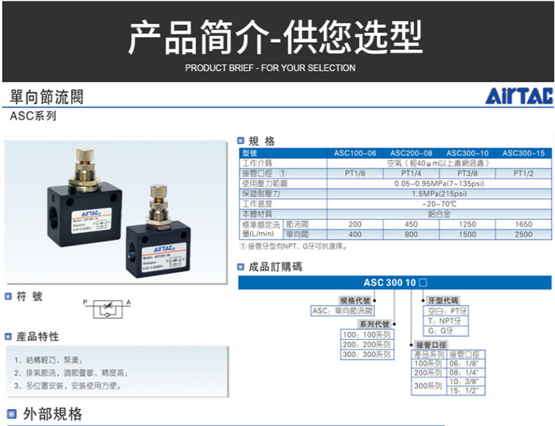 亚德客单向节流阀ASC100-06/200-08气动可调流量控制调速阀调节阀-阿里巴巴