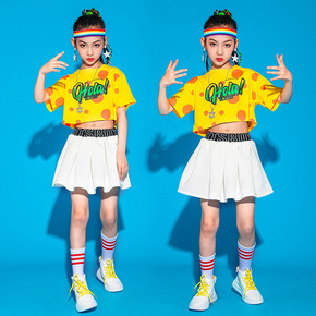 Children girls yellow polka dot hiphop rapper singer dance outfits hip ...