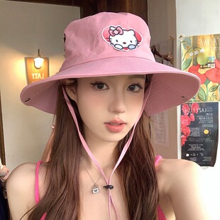 卡通甜心kittyl猫大檐登山帽户外露营遮阳防晒帽女大头围渔夫帽女-阿里巴巴
