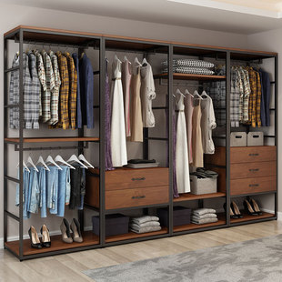 开放式金属衣柜收纳抽屉铁艺挂衣架卧室家用实木衣橱衣帽间置物架-阿里巴巴