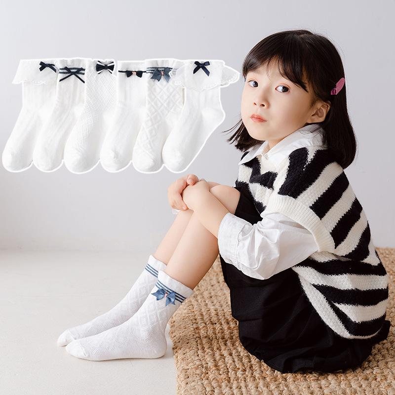 Girls Socks Spring and Autumn New Cute Lacy Socks Girls Bow White Mid ...