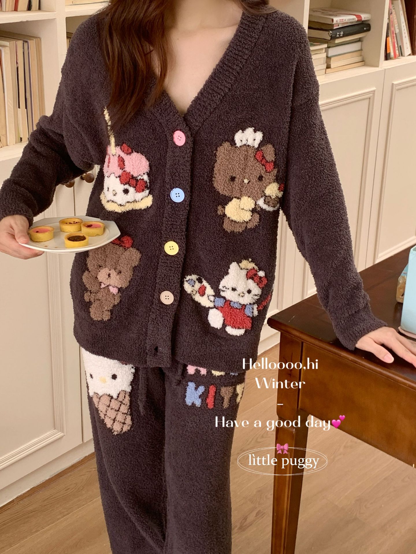 little puggy秋冬新款软绵绵半边绒加厚保暖开衫睡衣卡通可爱套装-阿里巴巴