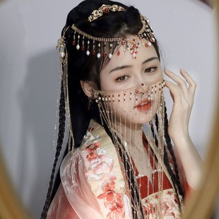 古风面帘异域风额头链汉服头饰流苏遮脸面纱额饰婚嫁民族配饰发饰-阿里巴巴