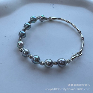 炫彩色海水真多麻珍珠手链6-7mm巴洛克S925银强光百搭气质手饰女-阿里巴巴