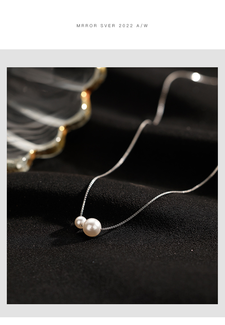 s925纯银两颗珍珠项链女法式高级感ins冷淡风通勤简约气质锁骨链-阿里巴巴