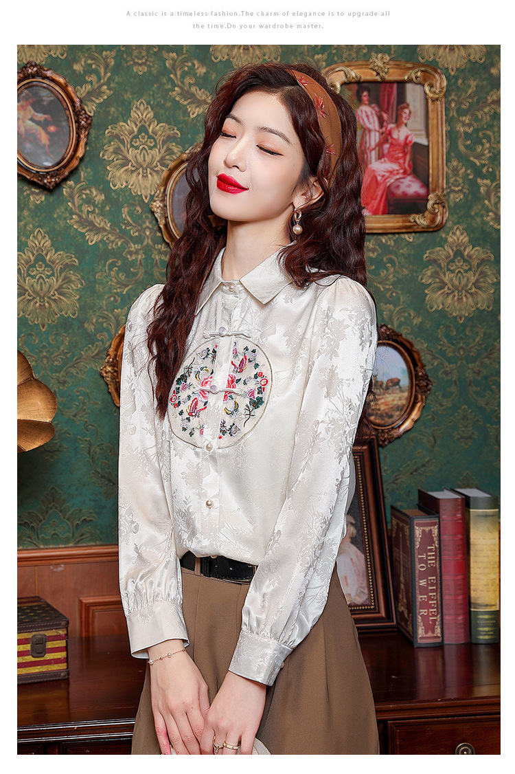 复古高级感新中式国风缎面提花衬衫女2025年春装港式盘扣刺绣衬衣-阿里巴巴