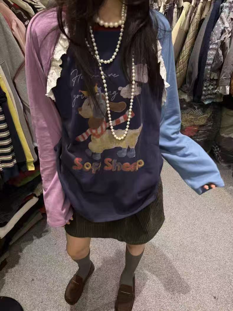 DUODUO卡通图案拼接花边圆领T恤女设计感小众插肩袖宽松百搭上衣-阿里巴巴