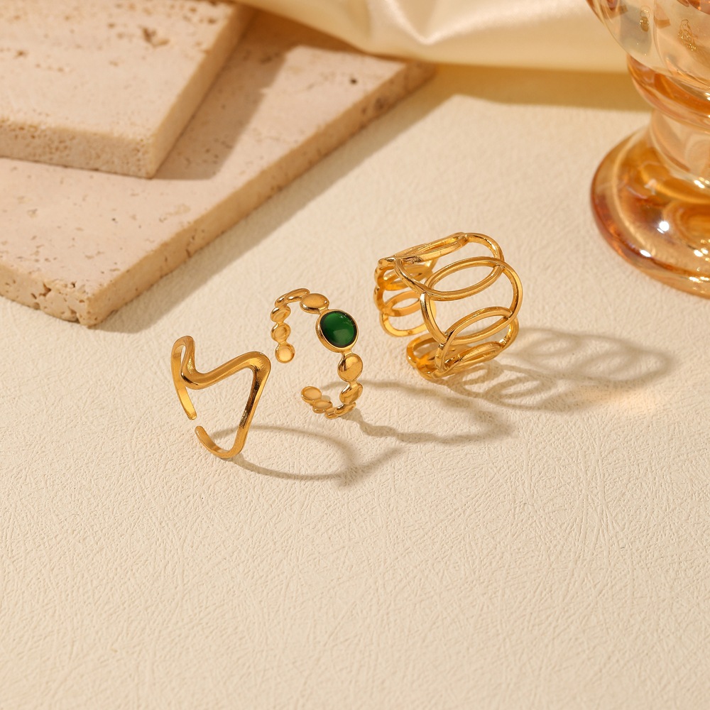 时尚心电图镂空几何滴油不锈钢开口戒指套装可调节镀金钛钢指环女-阿里巴巴