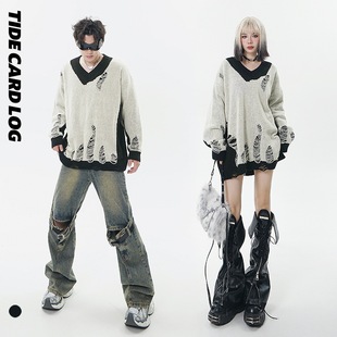 TIDE CARD LOG|拼色钩花镂空破洞街头潮流宽松圆领针织衫情侣款毛-阿里巴巴