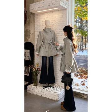 立领灰色大衣女中长款小个子2025新款高级感系带蕾丝毛呢子外套-阿里巴巴