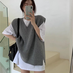 跨境2025新款秋冬韩版宽松V领针织衫马甲女外穿无袖毛衣背心坎肩-阿里巴巴