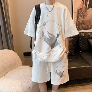 严选华夫格港风2024短袖套装男运动休闲一套上衣裤子宽松t恤潮短-阿里巴巴