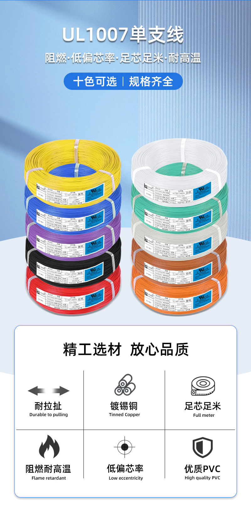 美标UL1007电子线14 16 18 20 22 24 26 28AWG镀锡铜单芯单支线束-阿里巴巴