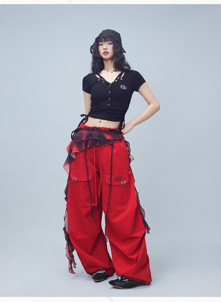 美式街舞红色速干透气大香蕉工装裤女春夏新款宽松嘻哈爵士舞裤子-阿里巴巴