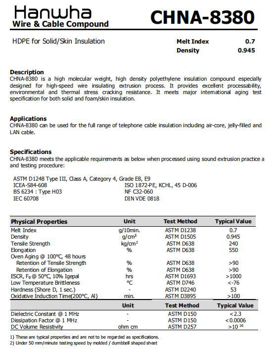 HDPE CHNA-8380 韩国韩华 耐应力开裂 良好的加工性 电线电缆挤出-阿里巴巴