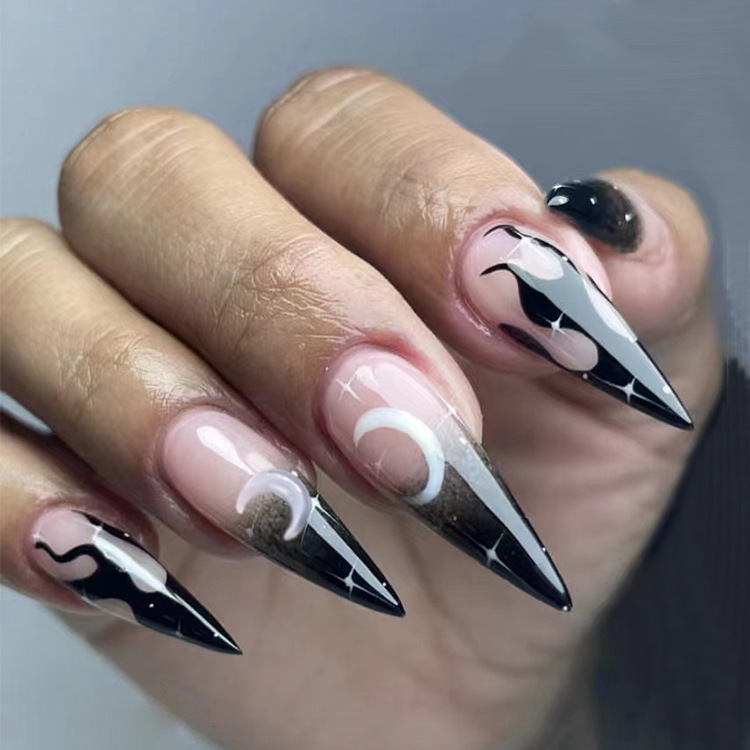 Long Press On Nails Stiletto False Nails Moon Stars Fake Nails Glossy ...