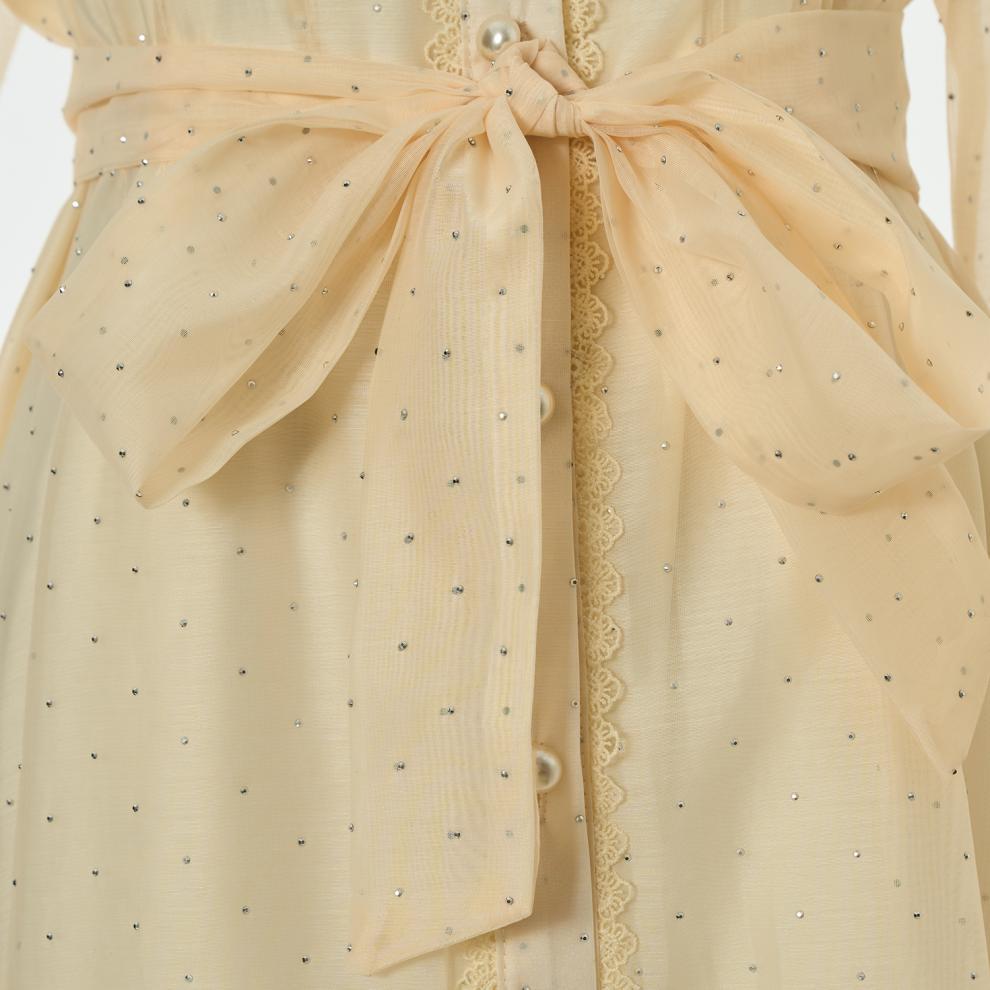 实拍街头系列烫钻欧根纱拼接花边宽松腰系带纯色长款连衣裙6色-阿里巴巴