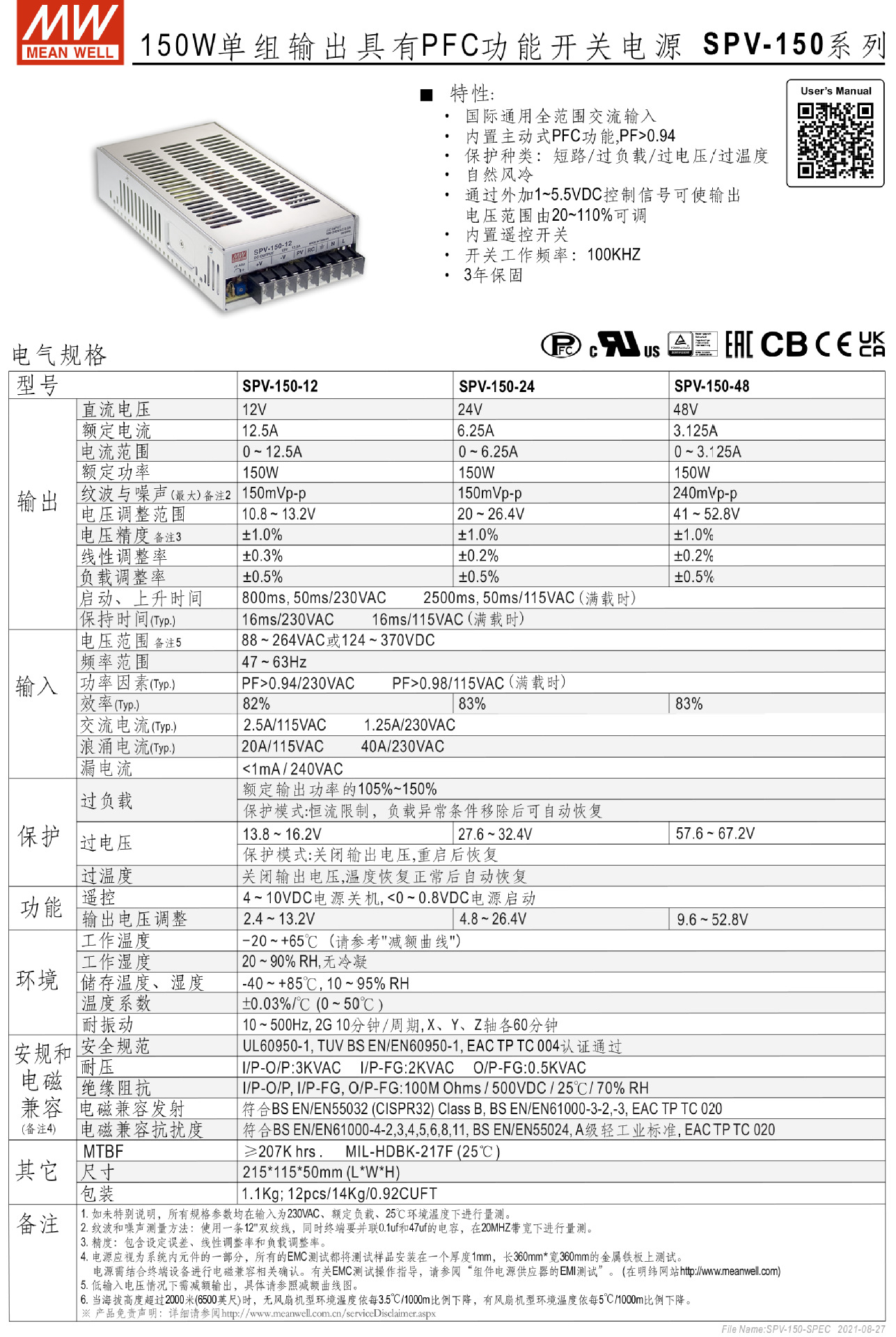 明纬SPV-150开关电源12/24/48V 150W 可调电压(PV调节需外部电压)-阿里巴巴