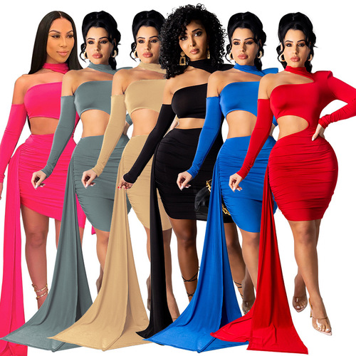 Women night club singers bar sexy dresses red black Pleated waist dress ...