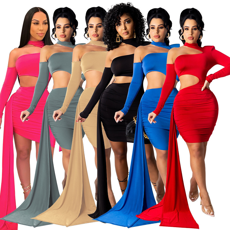 Women night club singers bar sexy dresses red black Pleated waist dress ...