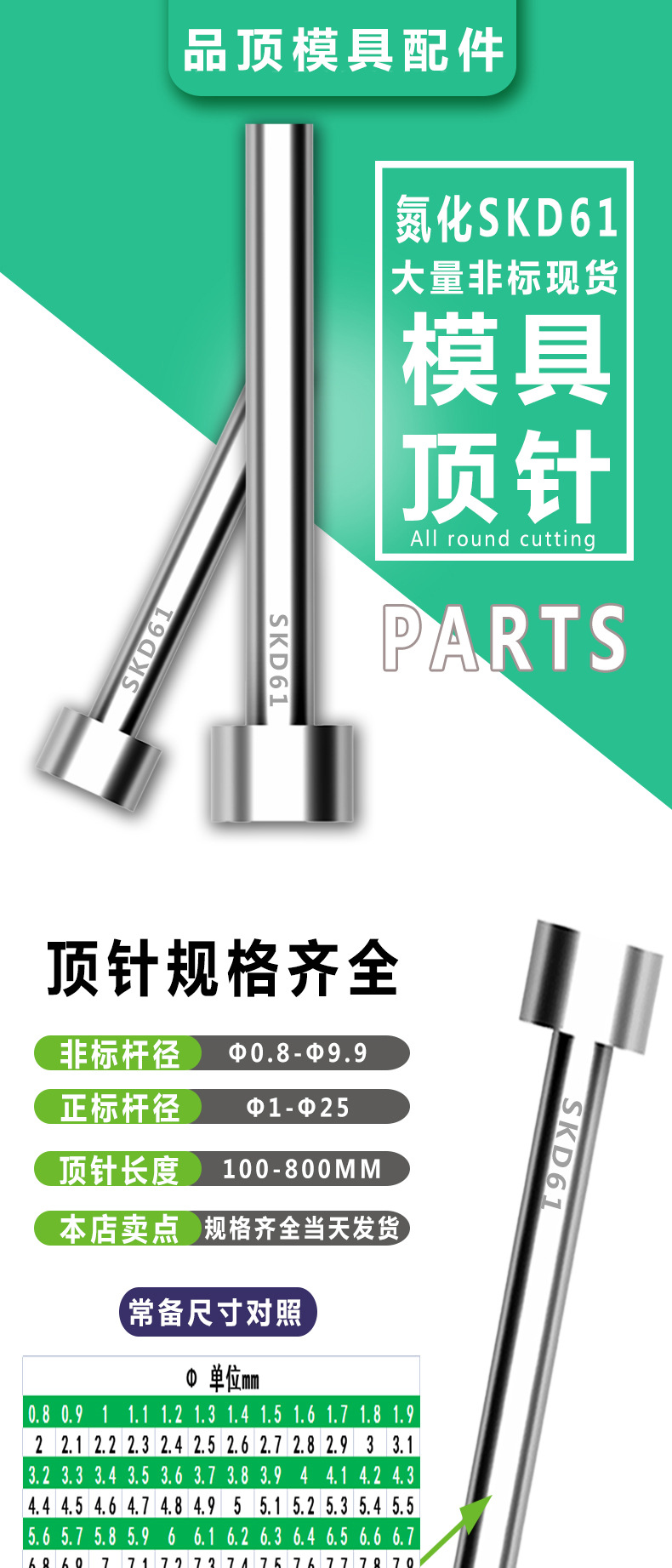现货台湾38料氮化处理模具顶针顶杆超硬顶料销淬火推杆skd61推管-阿里巴巴