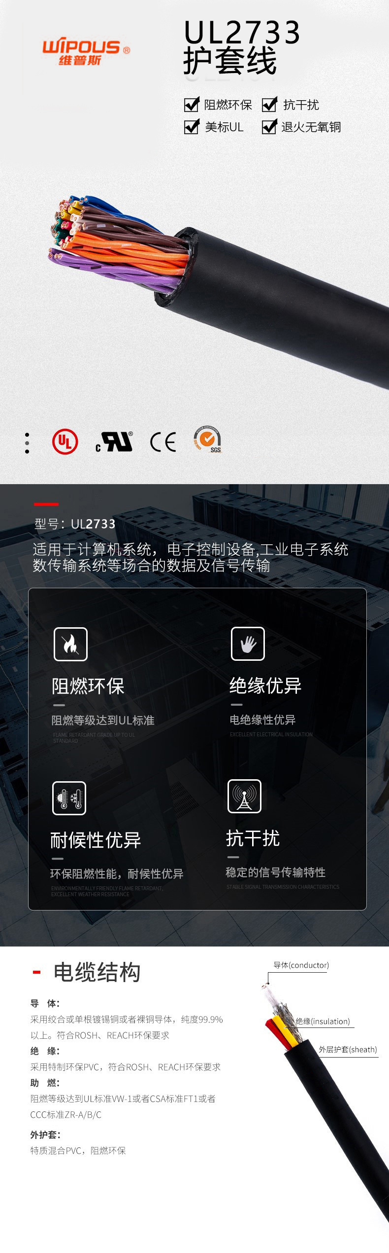 UL2733 2-50芯 16AWG 美标多芯护套线 600V 105°C 环保 阻燃-阿里巴巴