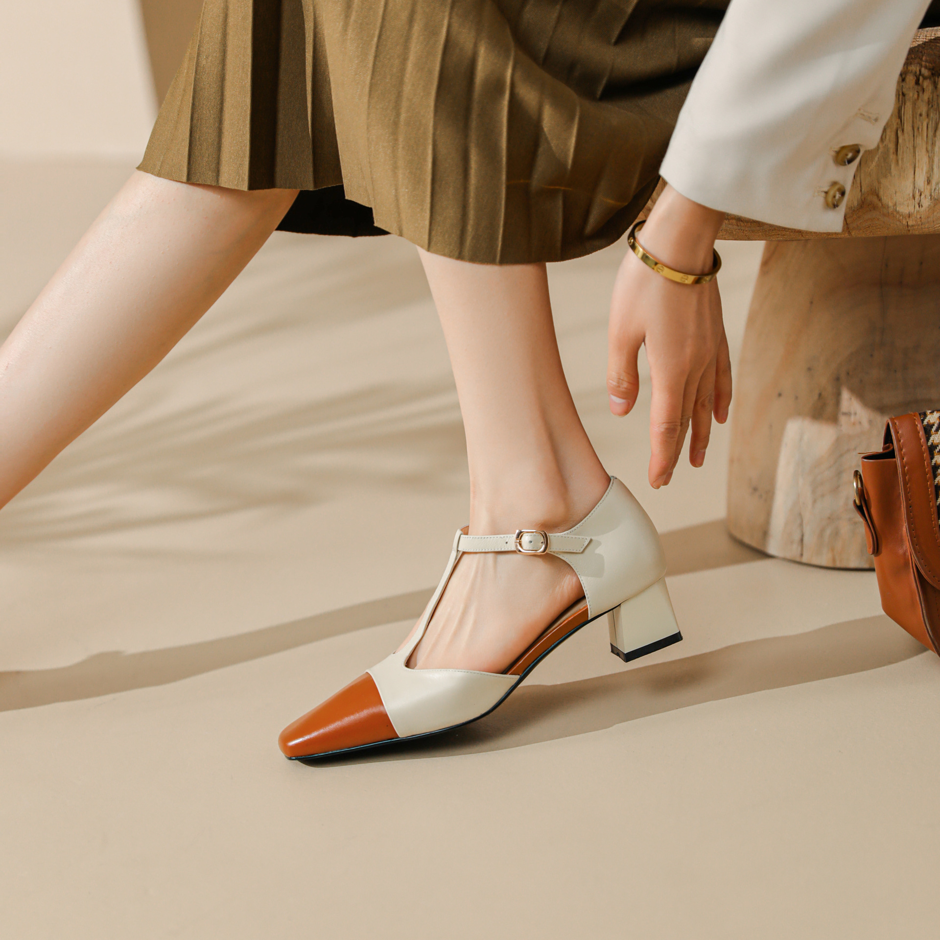 CHIKO Mikka Square Toe Block Heels T-Strap Shoes