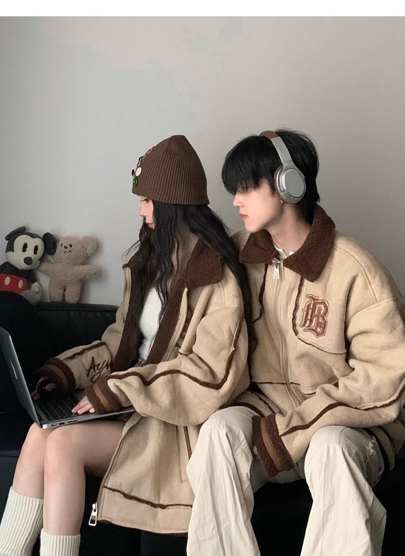 2025情侣装外套感美式复古麂皮绒棉衣男女秋冬皮毛一体羊羔绒夹克-阿里巴巴