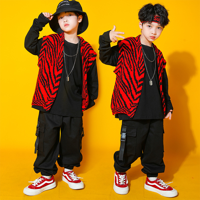 Boy's hip-hop tide take red ma3 jia3 costumes handsome black overalls ...