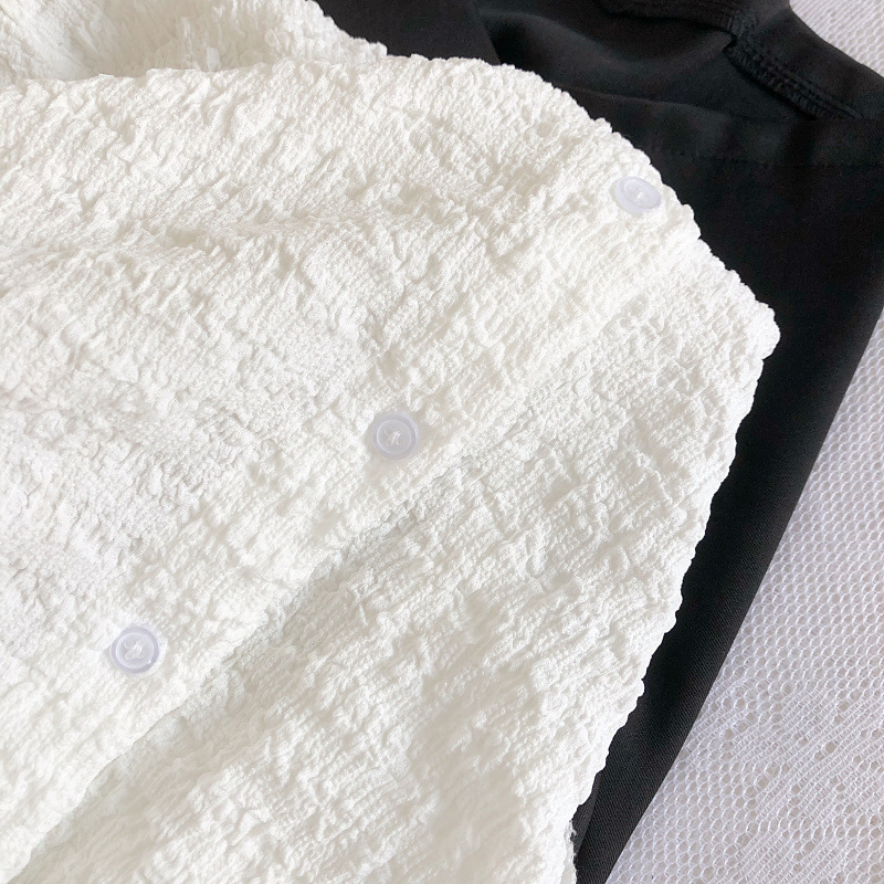 跨境甜美小个子衬衫2022早秋新款翻领单排扣长袖褶皱短款修身衬衣-阿里巴巴