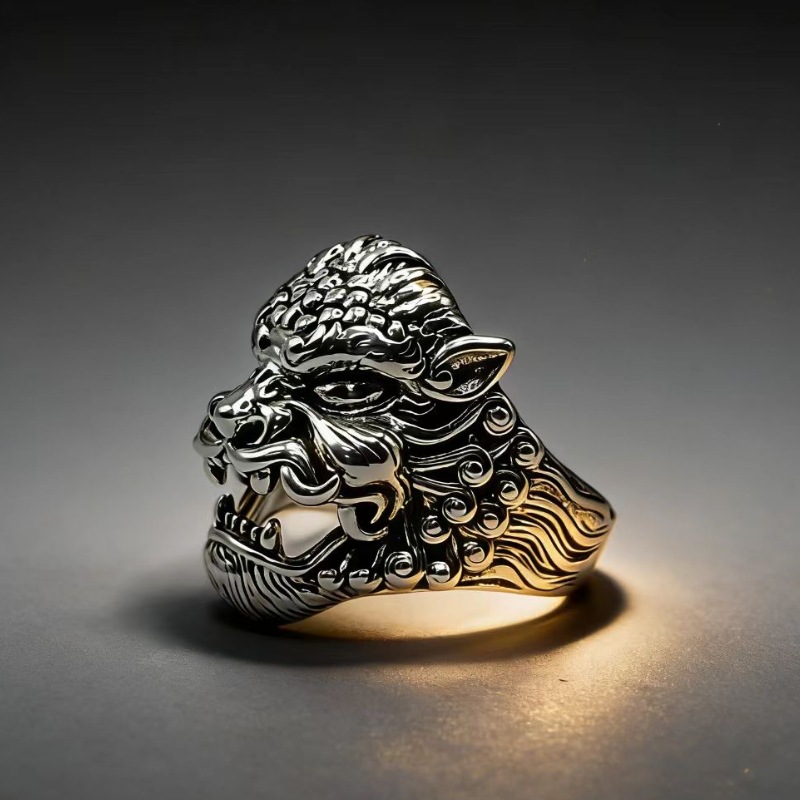 七尚原创设计民族风唐狮男款泰银食指戒指个性潮男复古开口扳指-阿里巴巴