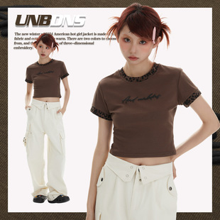 UNBDNS 美式复古街头风豹纹拼接短款t恤女棉潮牌辣妹显瘦个性上衣-阿里巴巴