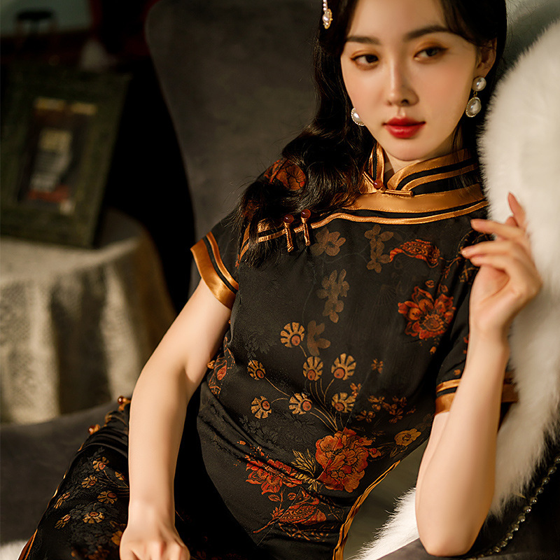 Retro Chinese Dress oriental old shanghai Qipao black skinny Chinese ...