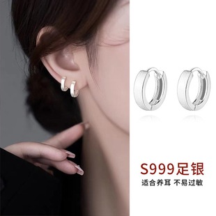 S999纯银素圈拉丝耳环耳扣新款2025爆款耳钉女轻奢小众高级感耳饰-阿里巴巴