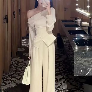 2025春夏季新款斜肩露肩设计感小众独特精致女士长袖衬衫时尚套装-阿里巴巴