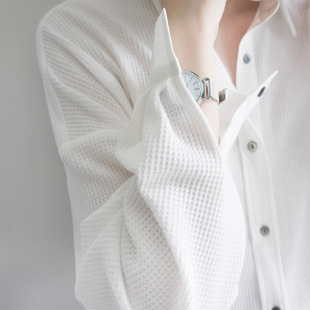 JOJOZ 华夫格拼接梭织象牙白长袖衬衫运动风时髦宽松衬衫chic上衣-阿里巴巴