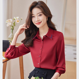 酒红色衬衫女2023年新款小个子职业装气质女神范高端减龄秋装衬衣-阿里巴巴