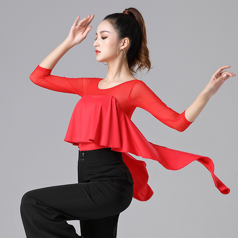 Light blue black ballroom latin dance tops for women modern tuxedo long ...