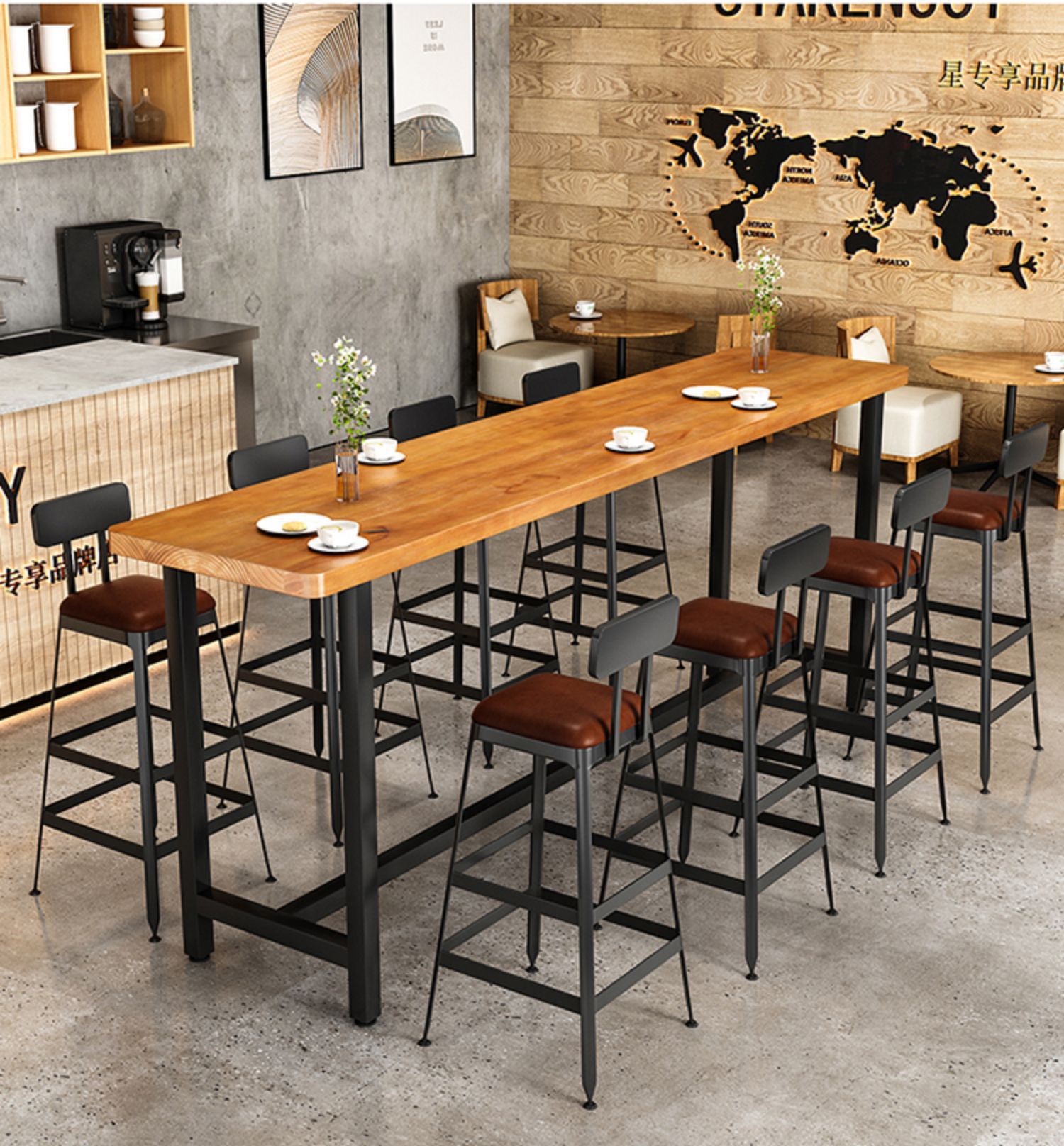 北欧现代实木高脚吧台桌椅铁艺休闲奶茶店酒吧清吧凳靠墙吧台长桌-阿里巴巴