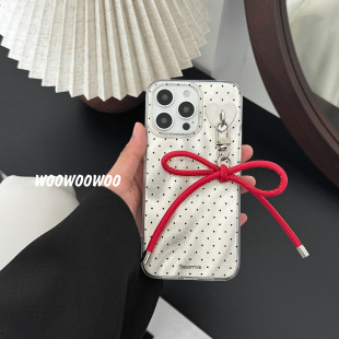 WOOWOOWOO小众ins感双层细闪波点手机壳皮质蝴蝶结挂件挂绳适用16-阿里巴巴