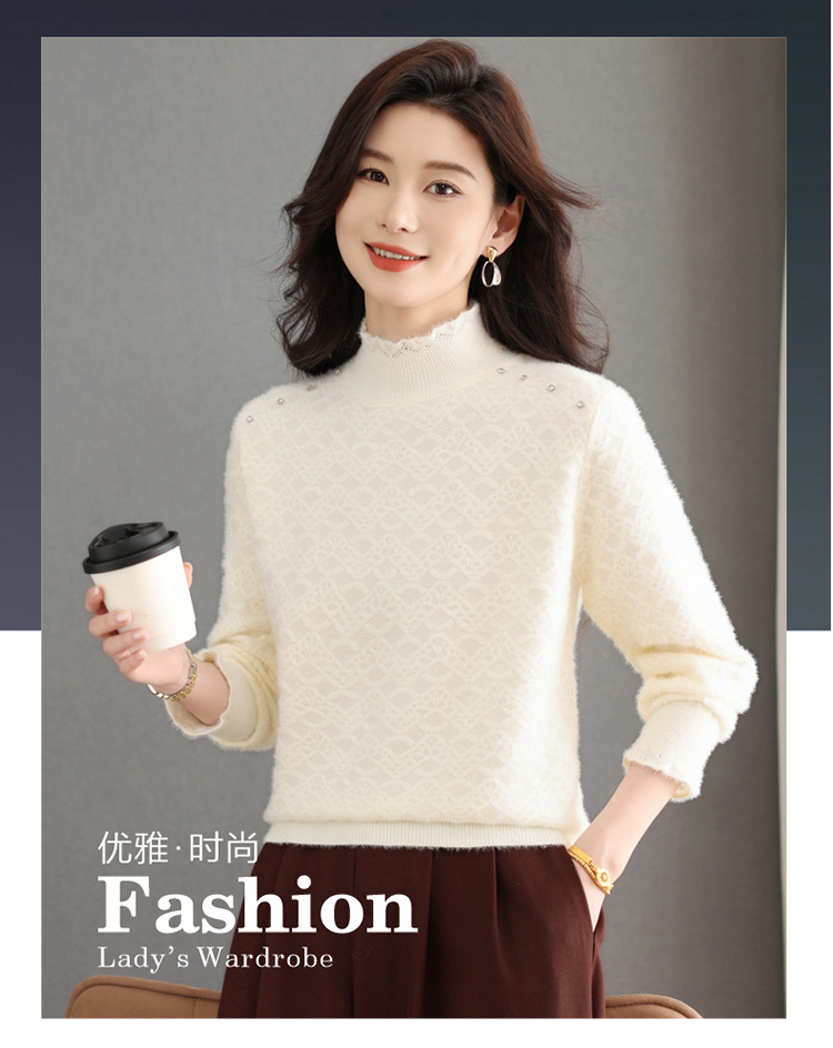 2025秋冬新款半高领蕾丝拼接针织衫女设计感小众纯色打底衫毛衣-阿里巴巴