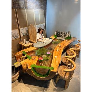 香樟木流水茶桌家用小茶台别墅会议功夫茶几新中式禅意实木茶台-阿里巴巴