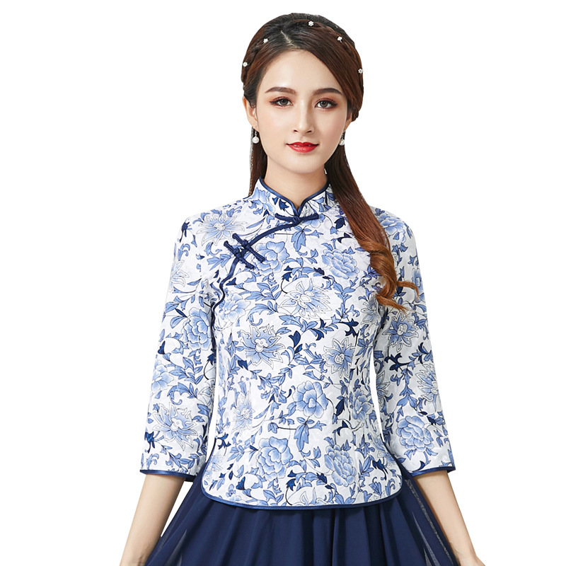 Women Blue and white porcelain printed Chinese qipao tops oriental ...