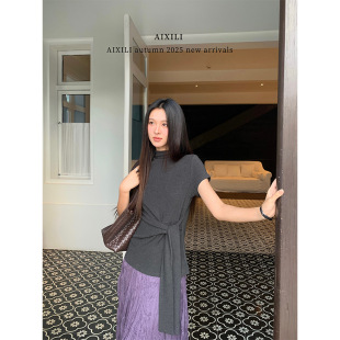 爱西里2025秋高级感百搭小高领收腰绑带设计内搭短袖针织衫A1372-阿里巴巴