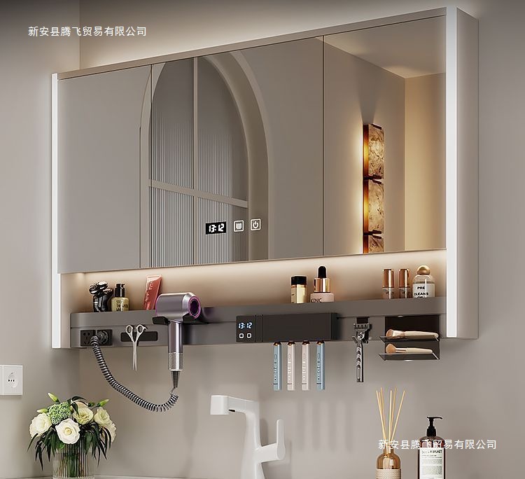 多功能智能浴室镜柜带吹风机牙刷消毒架层板氛围灯卫生间一体镜柜-阿里巴巴