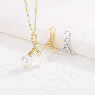 S925纯银几何线条交叉珍珠吊坠空托女时尚百搭双珠款镀18k单吊坠-阿里巴巴