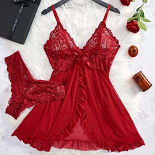 Transparent Red Lace See Through Nightdress Women's Sexy-阿里巴巴
